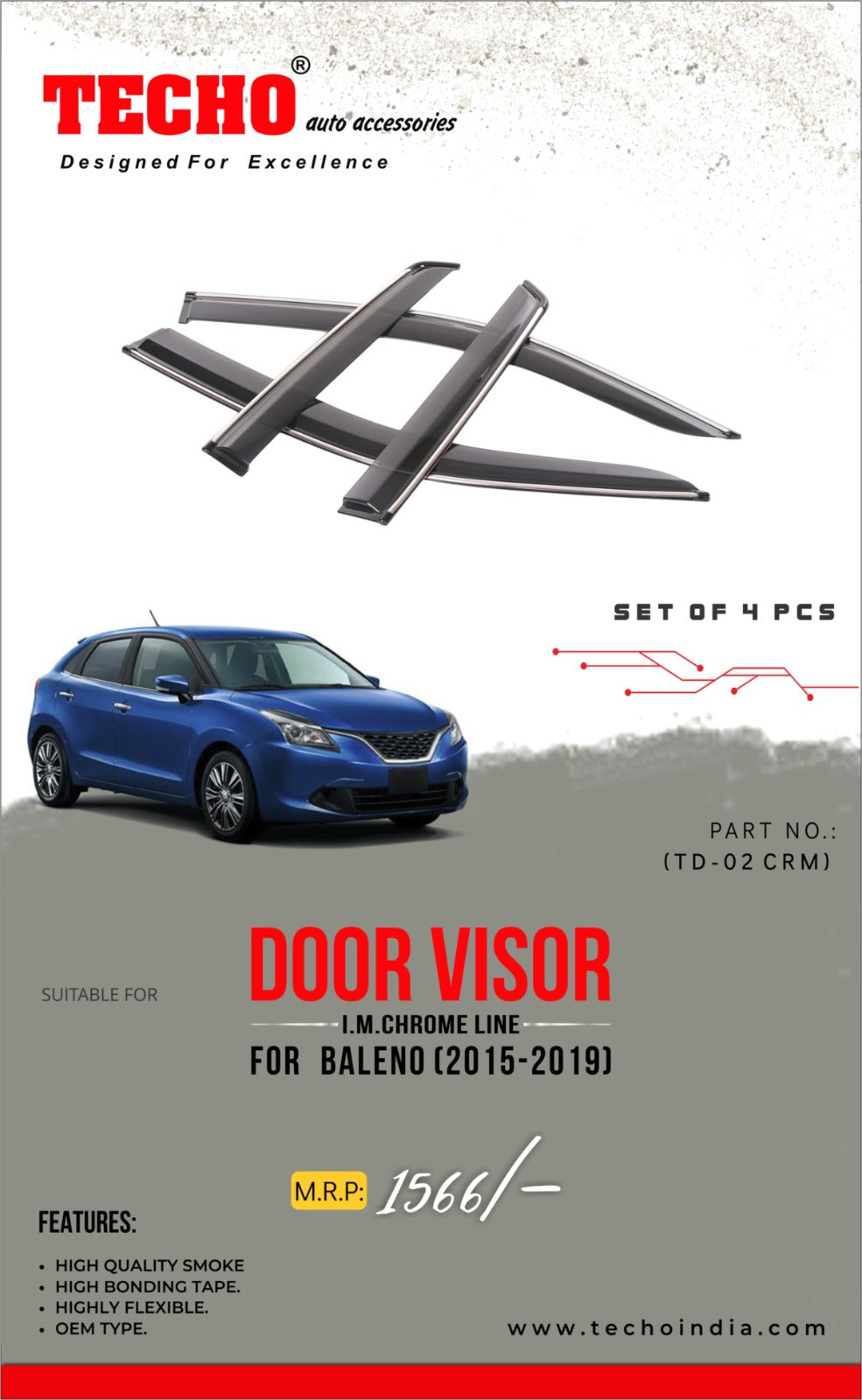 MARUTI BALENO CHROME LINE 2015 2019, SET OF 4 PCS DOOR VISOR – Techo