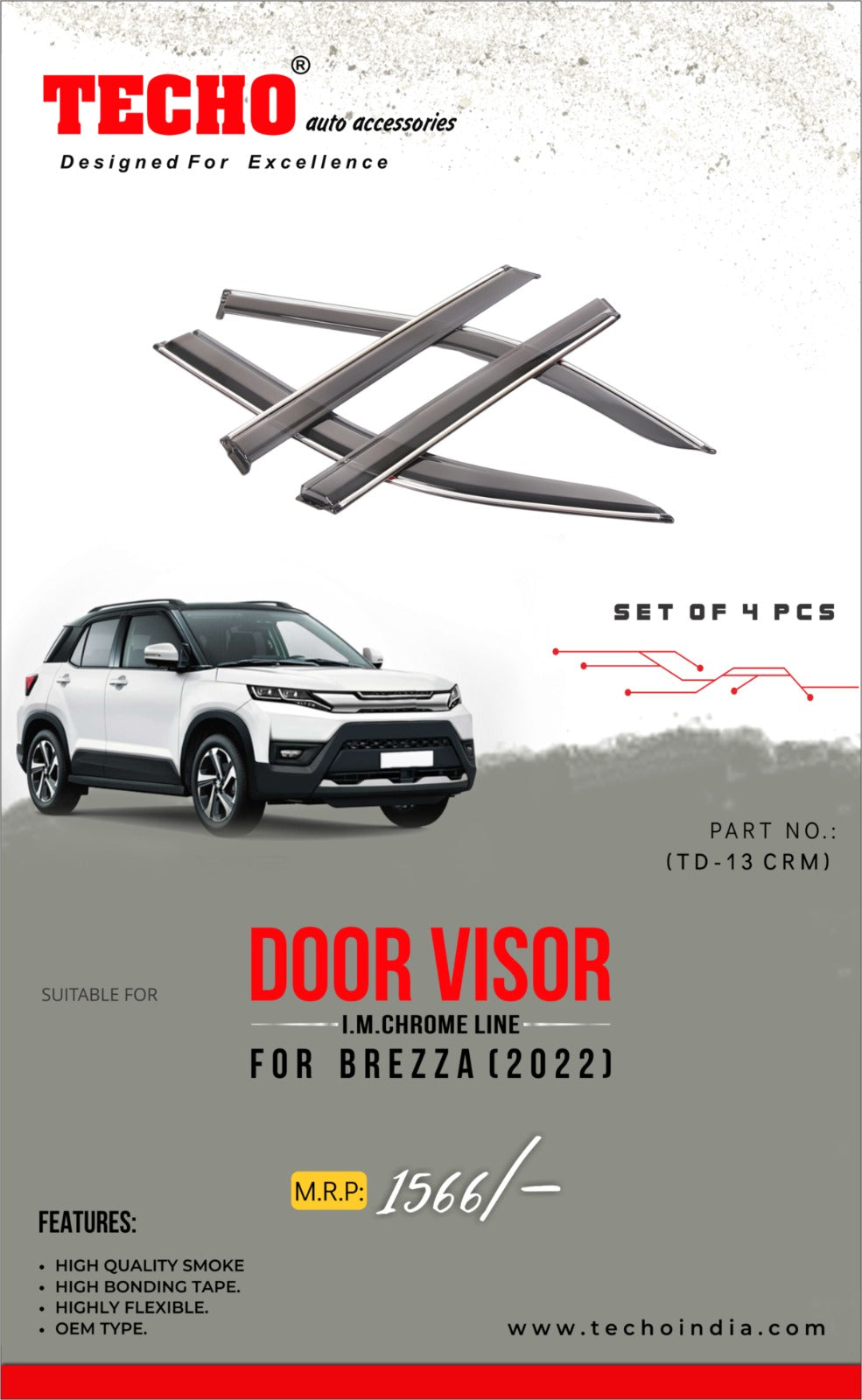 MARUTI BREZZA CHROME LINE 2022 ONWARDS, SET OF 4 PCS DOOR VISOR – Techo