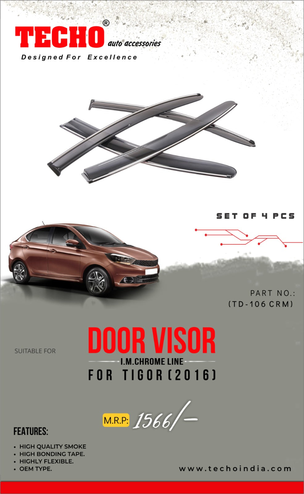 TATA TIGOR CHROME LINE 2016 ONWARDS, SET OF 4 PCS DOOR VISOR – Techo